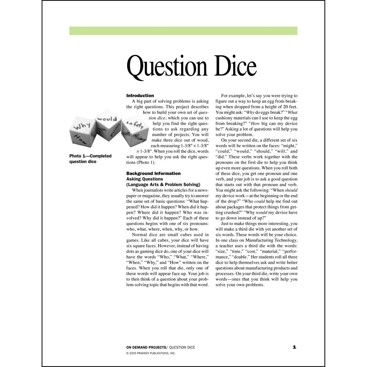 Question Dice Classroom Project pdf – Tech Directions Books & Media